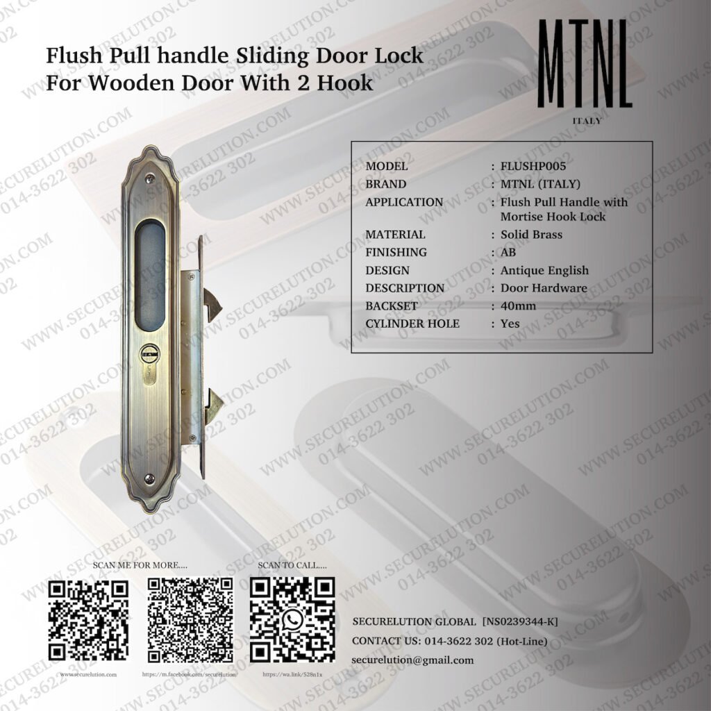 Securelution Global | Flush Pull Handle Sliding Door Lock For Wooden Door With 2 Hook