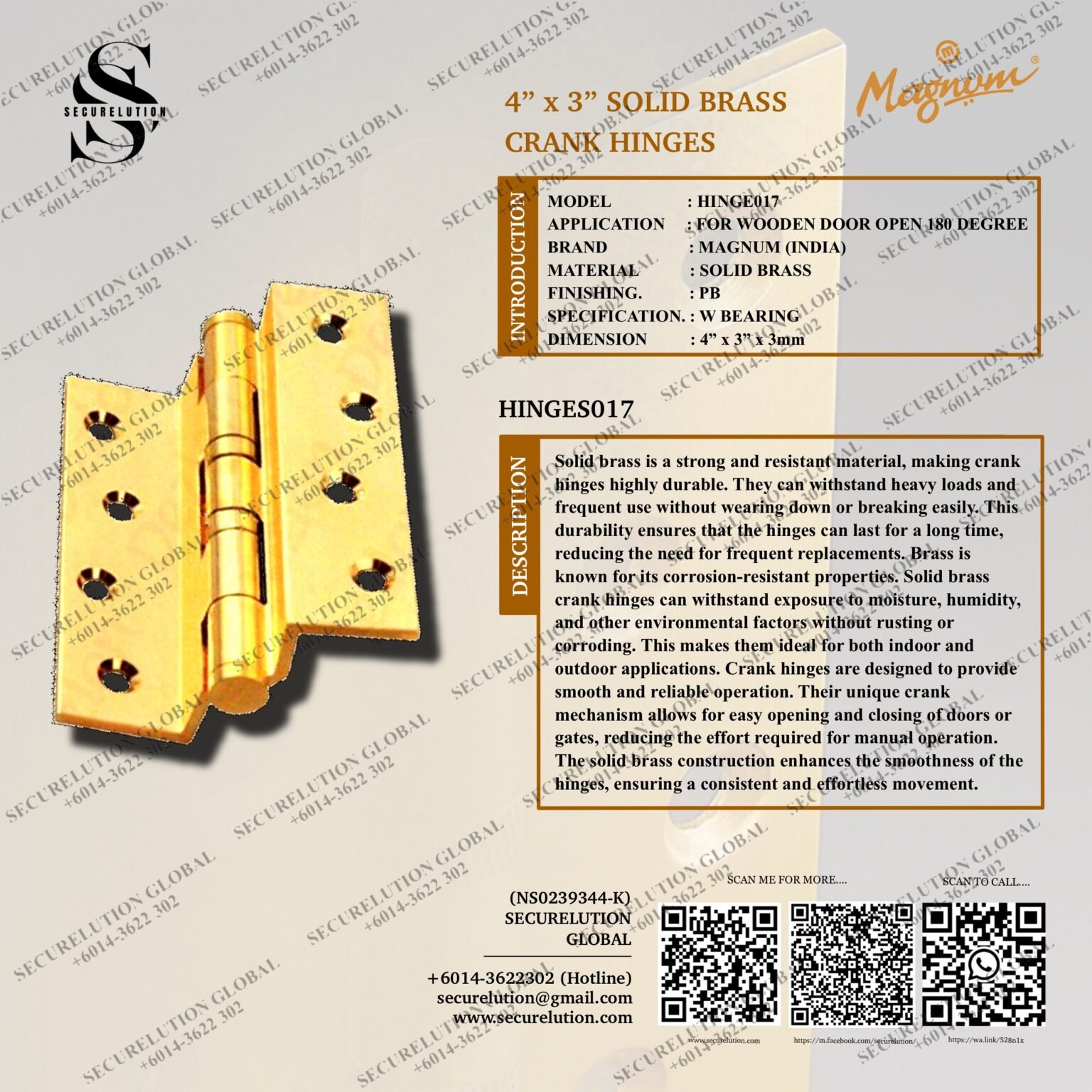 Securelution Global | 4" X 3" SOLID BRASS CRANK HINGES